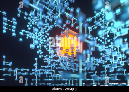 Glowing lines and cubes, technical and scientific background, 3d ...