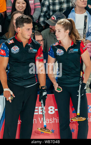 United States skip Korey Dropkin reacts after delivering a stone ...