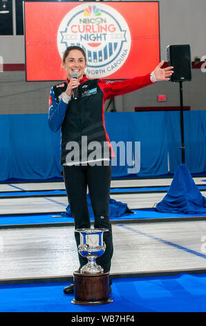United States skip Jamie Sinclair lines up a shot as they play Canada ...