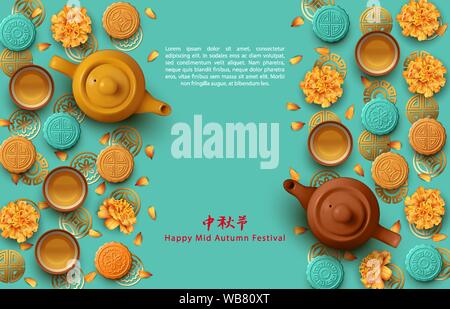 Mid autumn festival design. Flat illustration of jade rabbits eating ...