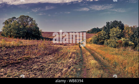 Central Russia agricultural countryside with hills and country road ...
