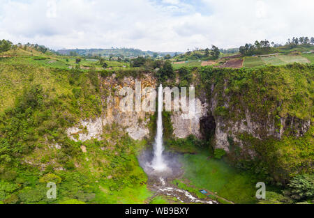 Aerial view Sipiso-piso waterfall in Sumatra, travel destination in ...
