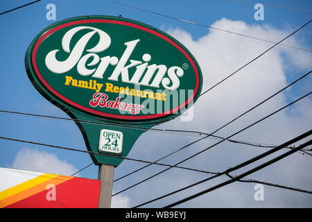 A logo sign outside of a Perkins Restaurant & Bakery location in Avon ...