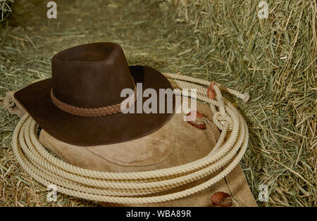 Cowboy hat, chaps, tack, and rope hanging on a log wall with cowboy ...