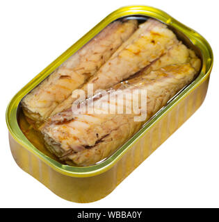 Canned mackerel fillets with parsley and lemon on white background ...