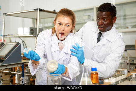 Worriend and scared male and female scientists after experiment Stock ...