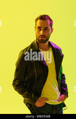 Photo of charming cool guy dressed formal suit glasses smiling dancing ...