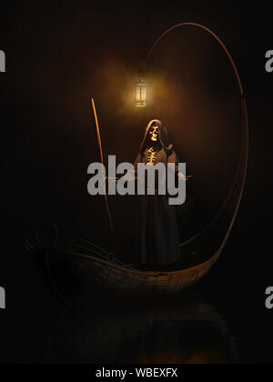 Charon the ferryman appearing like a robed skeleton extents his bony ...