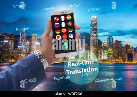 The concept of real time translation with smartphone app Stock Photo ...