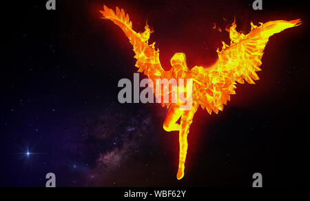 An art of a mythological bird known as phoenix, a bird on fire flying ...