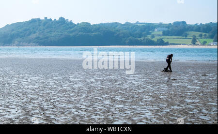 Man,digs,digging,in,sand,muddy,mud,mudflats,,sandy,area,of,Ferryside ...