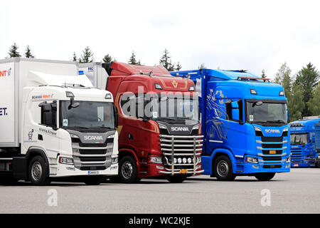 Turku, Finland. August 23, 2019. Scania truck yard with two high ...