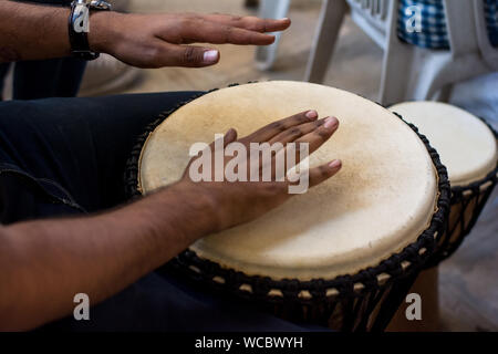 playing the drum with hands close-up, musical instrument Stock Photo ...