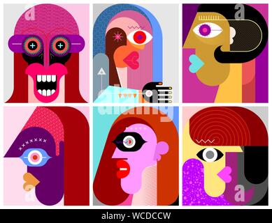 Six Portraits modern art vector illustration. Composition of six ...