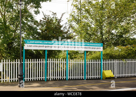 The station platform sign of the longest place name in the world which ...