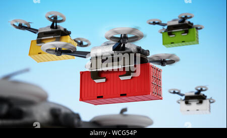Unmanned drones carrying cargo containers. 3D illustration Stock Photo ...