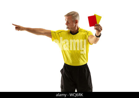 Angry football referee showing a red card and pointing with his hand ...