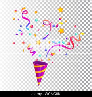 Exploding party popper with confetti, bright cartoon birthday cracker ...