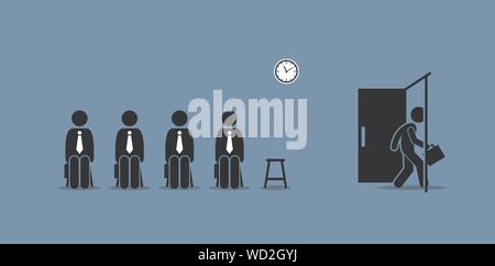 Business professionals waiting outside office. Inside office, manager ...