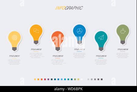 Light bulbs infographic template. 6 steps bulbs design with beautiful colors. Vector timeline ...