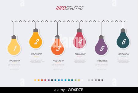 Light bulbs infographic template. 6 steps design with beautiful colors. Vector timeline elements ...