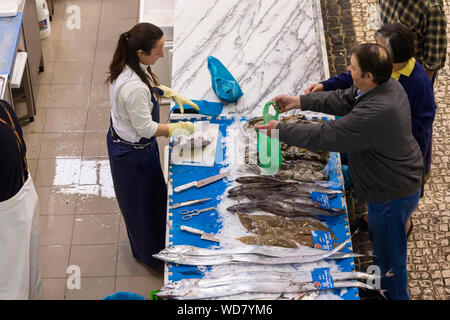 fish stalls at the Livramento food market in Setubal town, Portugal ...