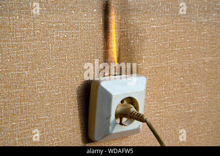 Burning electrical wiring and electrical outlet. Faulty wiring causes ...