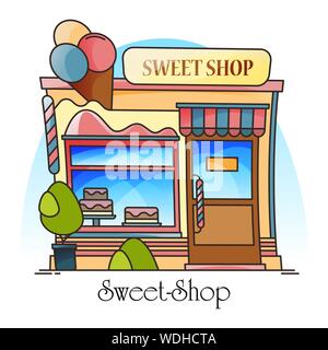 Sweet shop exterior confectionery store graphic black white sketch ...