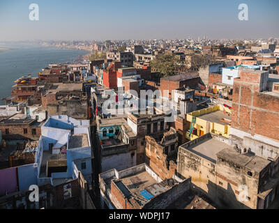 Rooftop View of downtown Varanasi and the Ganges River, Uttar Pradesh ...