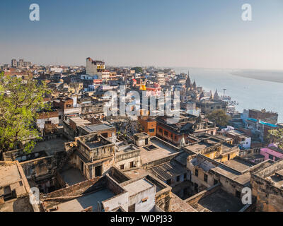 Rooftop View of downtown Varanasi and the Ganges River, Uttar Pradesh ...