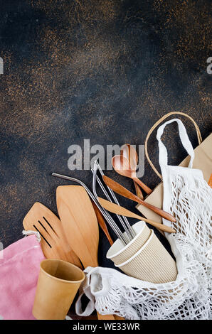 Cotton bag and recycled tableware top view. Zero waste, eco friendly ...