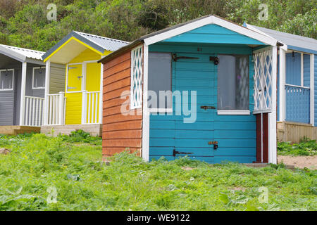 Beach huts at Coldingham Bay on the North Sea Coast on the Scottish ...