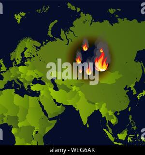 Forest fires banner, fire place on map, disaster news, paper that burns ...