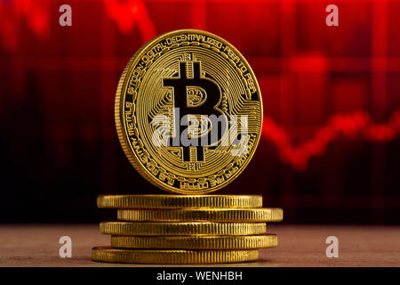 Digital currency physical gold red bitcoin coin. Outdoor money concept ...