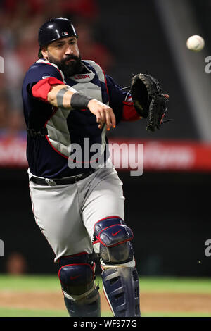 Boston Red Sox' Sandy Leon tosses a ball during practice in Cleveland ...