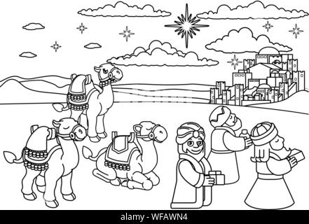 line art three wise men from nativity scene illustration vector ...