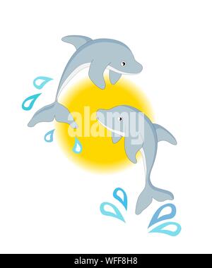 Jumping dolphin and a splash of water against sunset. Vector ...