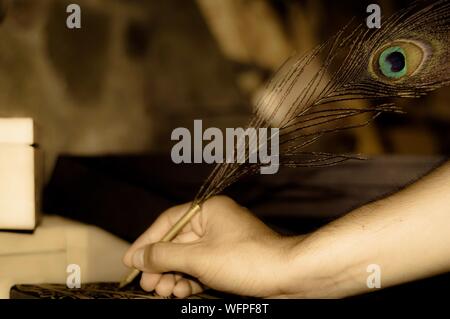 Hand holding quill-pen Stock Photo - Alamy