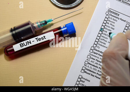 Renal Function - Test with blood sample. Top view isolated on black ...