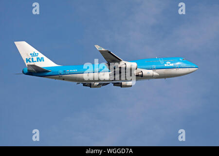 Blue Boeing 747 of the Klm just rising from the Schiphol Airport runway ...
