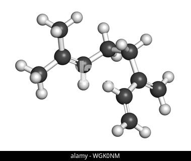 Myrcene monoterpene molecule. 3D rendering. Atoms are represented as ...