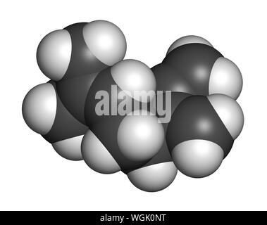 Myrcene monoterpene molecule. 3D rendering. Atoms are represented as ...