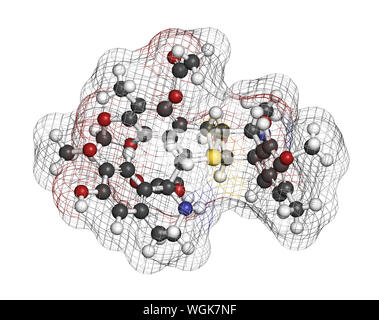 Trabectedin cancer drug molecule. 3D rendering. Atoms are represented ...