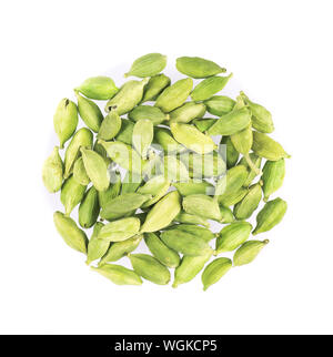 Top view of green cardamom pods and seeds on white background. Cardamom ...