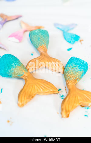 Mermaid tails made out of modeling clay and painted with acrylic paint ...