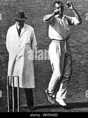 Yorkshire and England cricketer Hedley Verity bowling, F. Chester as ...