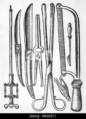 16th century surgical equipment and instruments arranged on a table. From Ambroise Pare's, DIX ...
