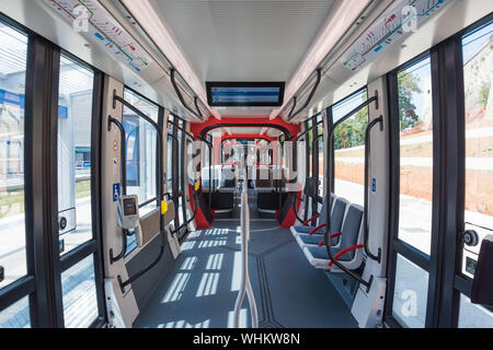 Interior of a modern Alstom Citadis X05 light rail tram on line T9 ...