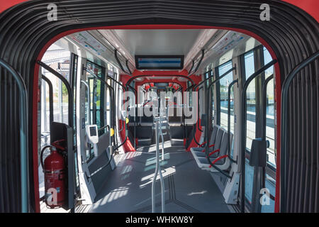 Interior of a modern Alstom Citadis X05 light rail tram on line T9 ...