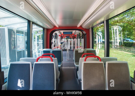 Interior of a modern Alstom Citadis X05 light rail tram on line T9 ...